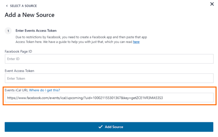 Where do I find the iCal URL for the Facebook Events Feed - Smash Balloon