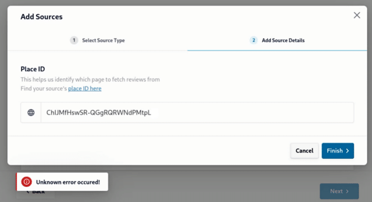 Se ha producido un "Error desconocido" al añadir el ID de Google Place ...